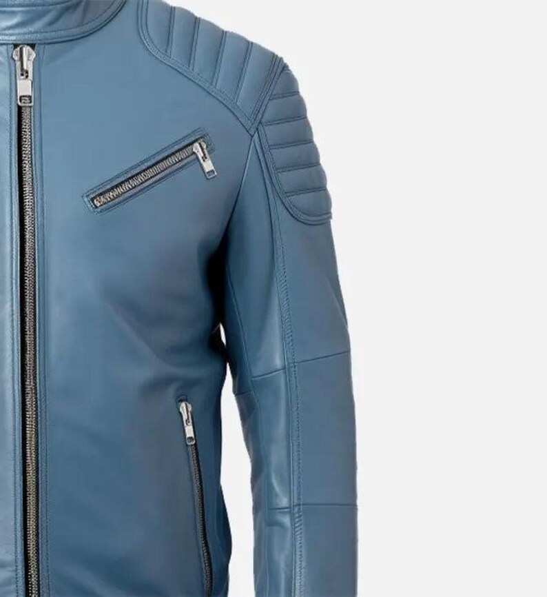 Handmade Blue Leather Biker Jacket: Men's Motorcycle Style - Etsy