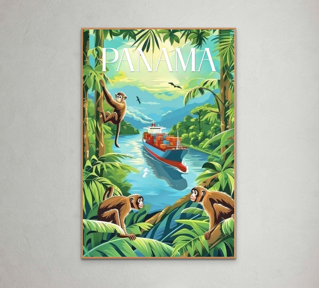 Panama Travel Poster - Vibrant Jungle Scene With Monkeys and Container ...