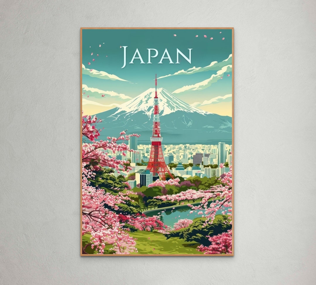 Japan Travel Poster - Tokyo Tower and Mount Fuji With Cherry Blossoms ...