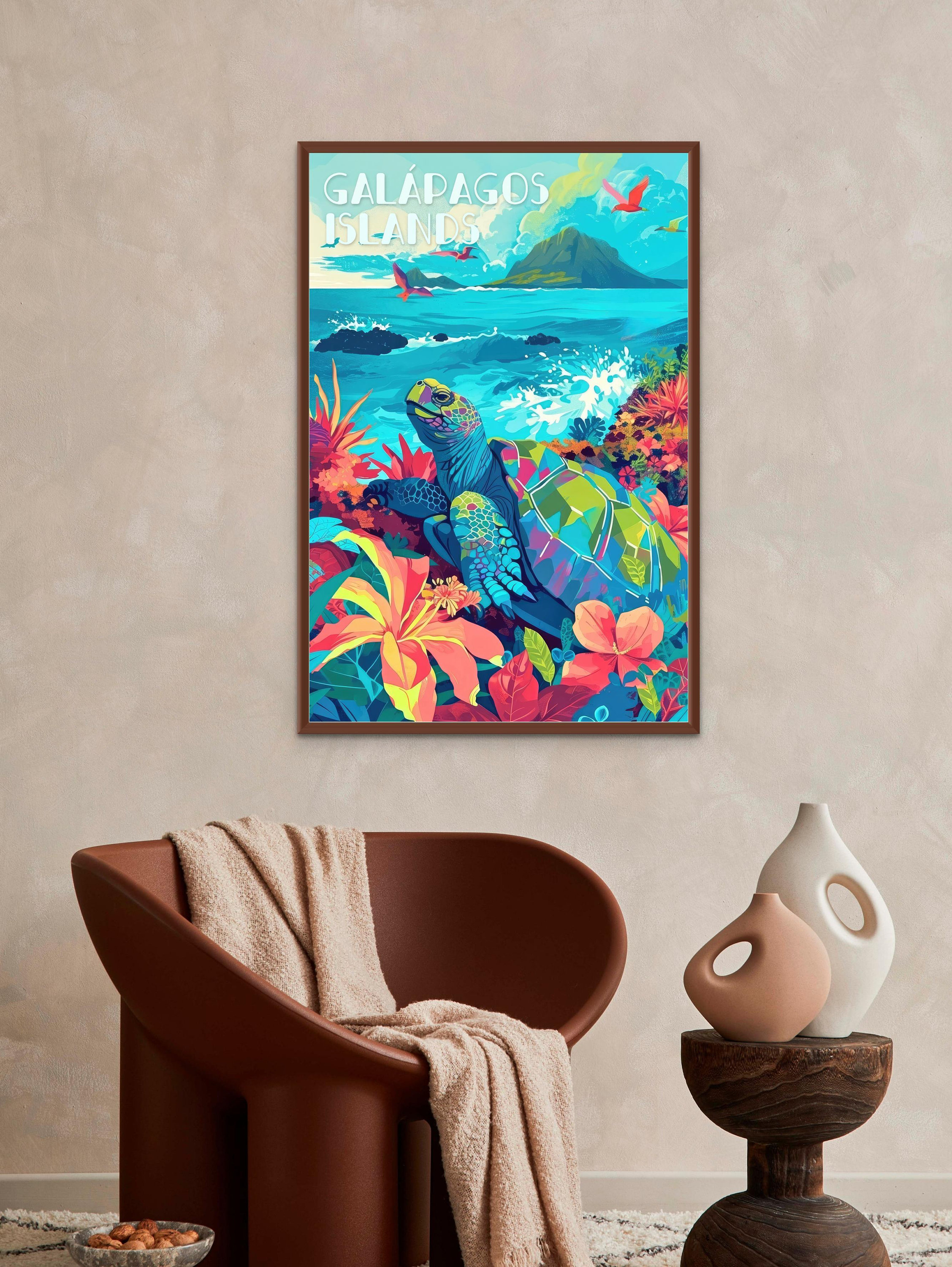 Galapagos Islands Travel Poster With Colorful Sea Turtle and Tropical ...