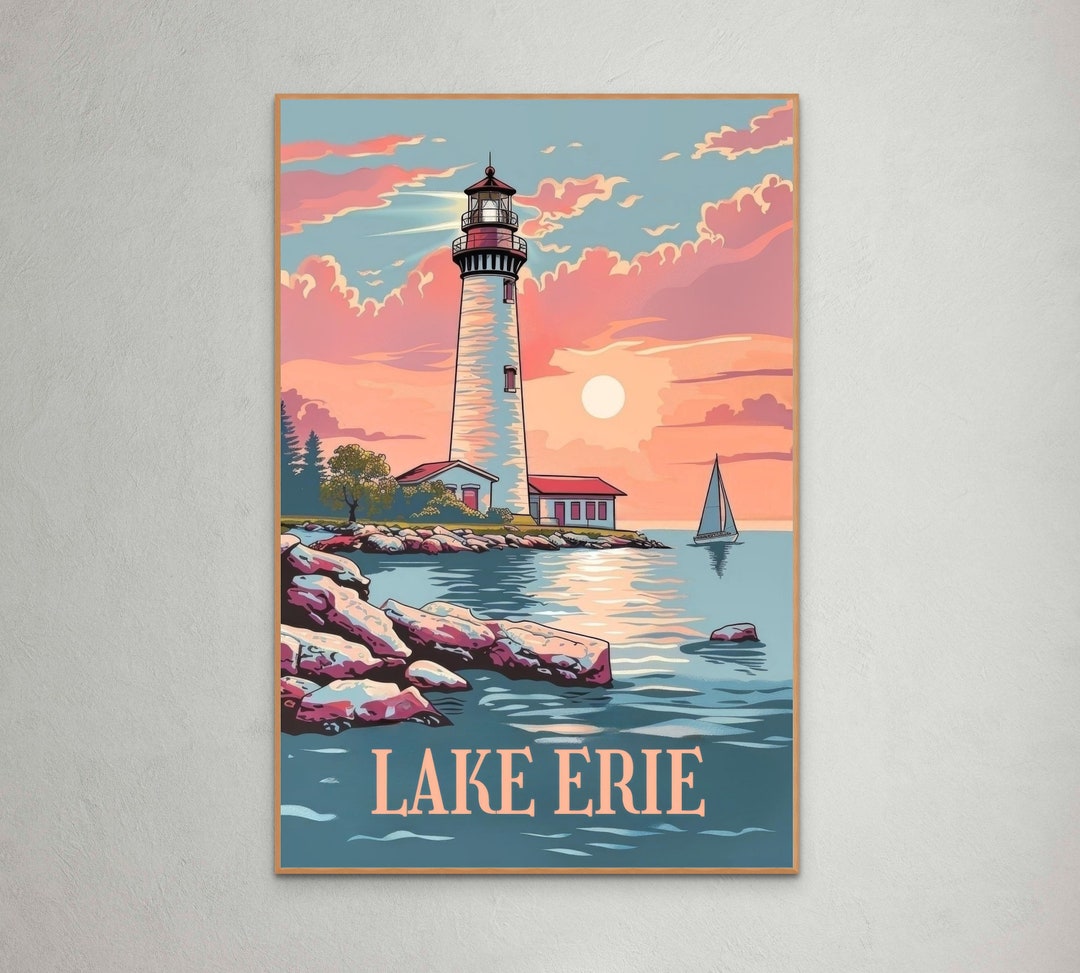 Lake Erie Lighthouse Art Print: Vintage Nautical Sunset Scene (digital ...