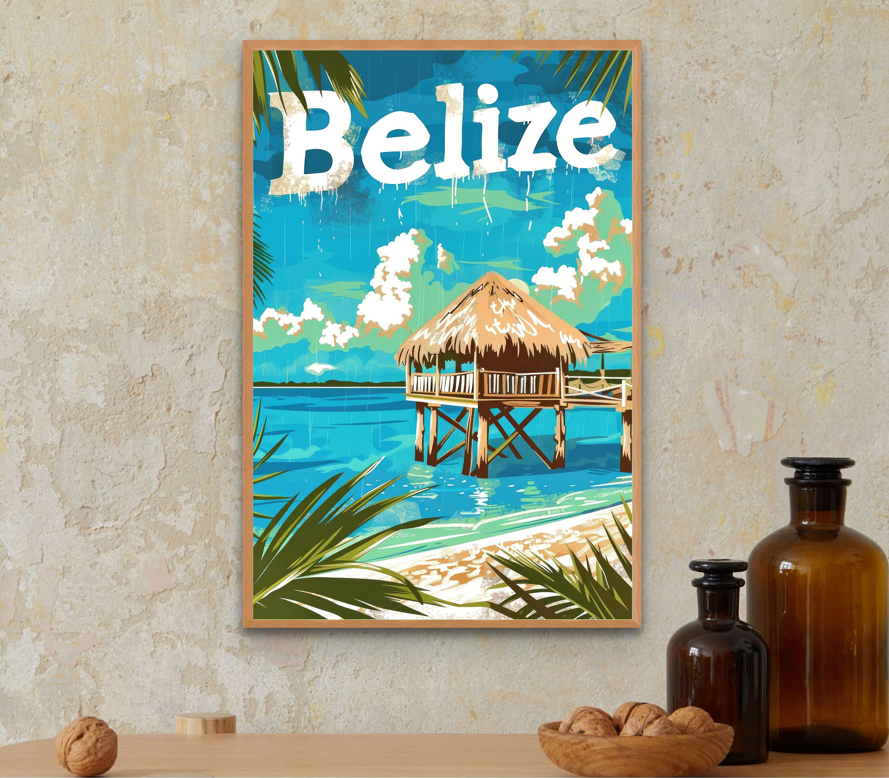 Belize Travel Poster: Tropical Beach Hut Art (digital Download) - Etsy
