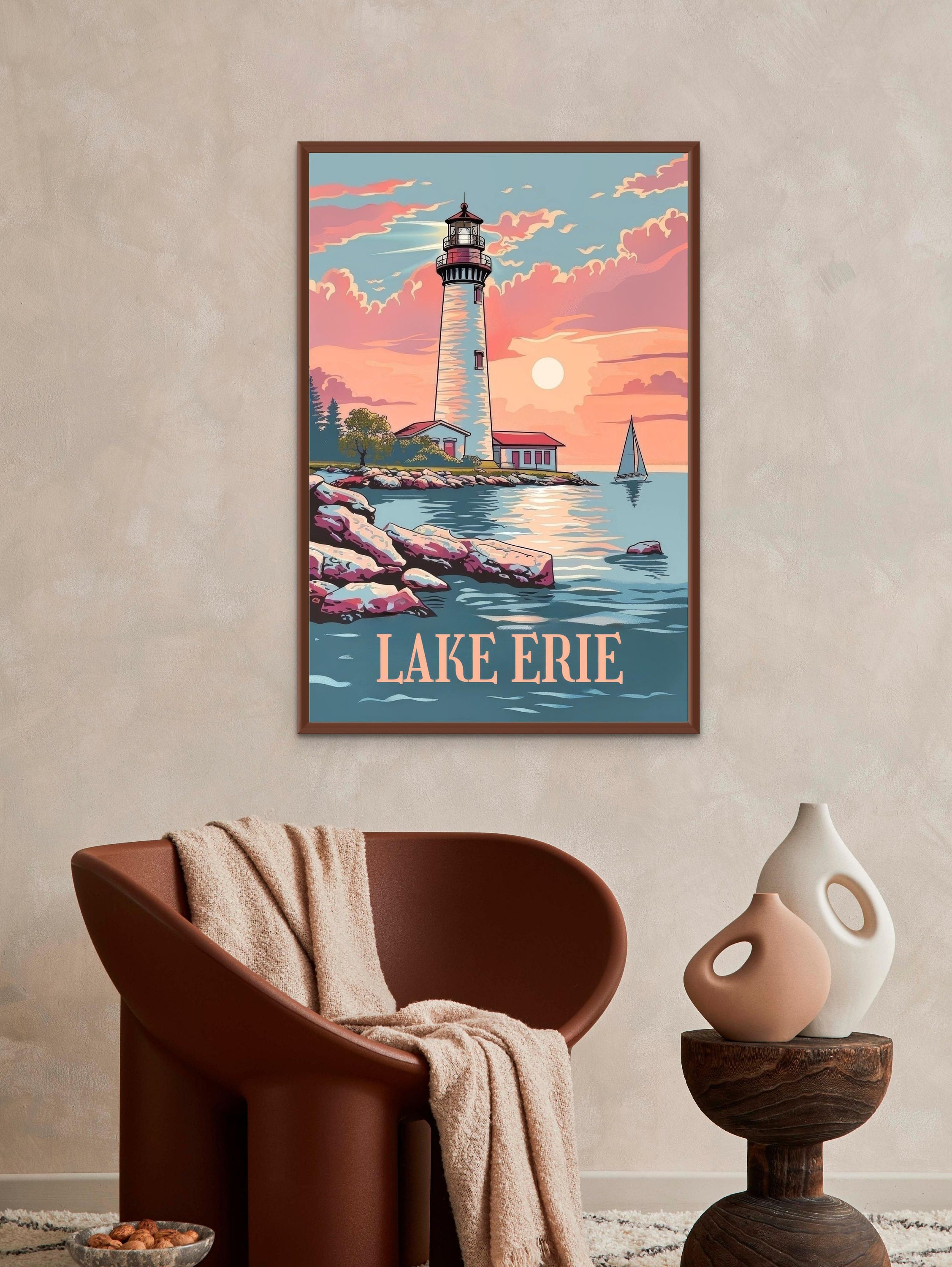 Lake Erie Lighthouse Sunset Art Print - Nautical Wall Decor, Coastal ...