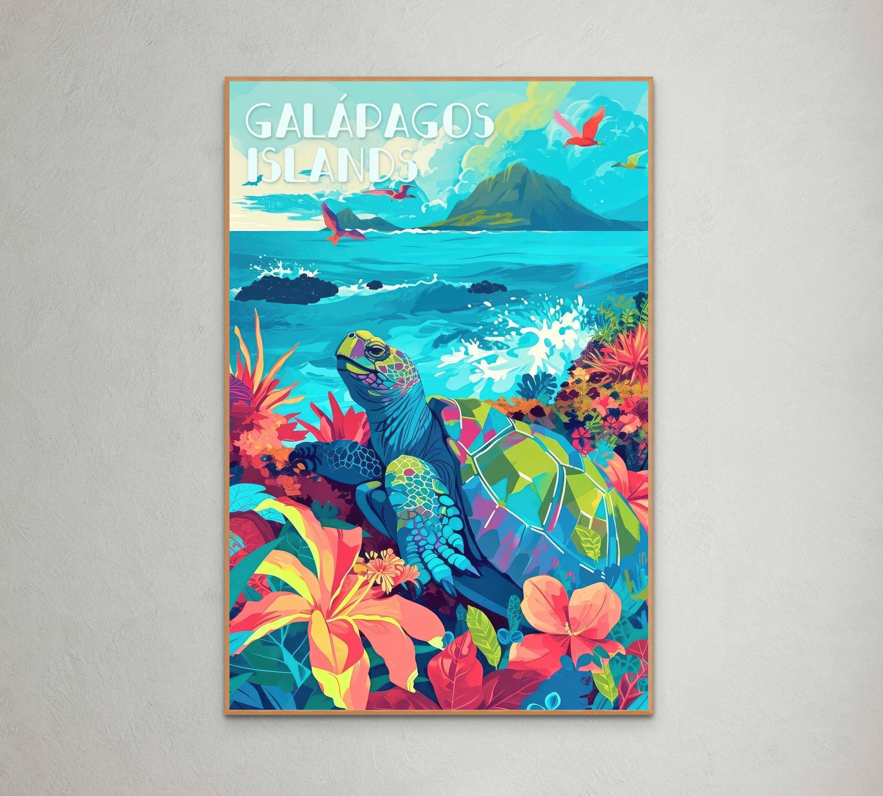 Galapagos Islands Travel Poster With Colorful Sea Turtle and Tropical ...