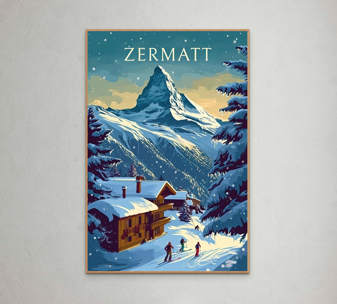 Vintage Ski Poster of Zermatt, Retro Travel Wall Art, Swiss Ski Decor ...