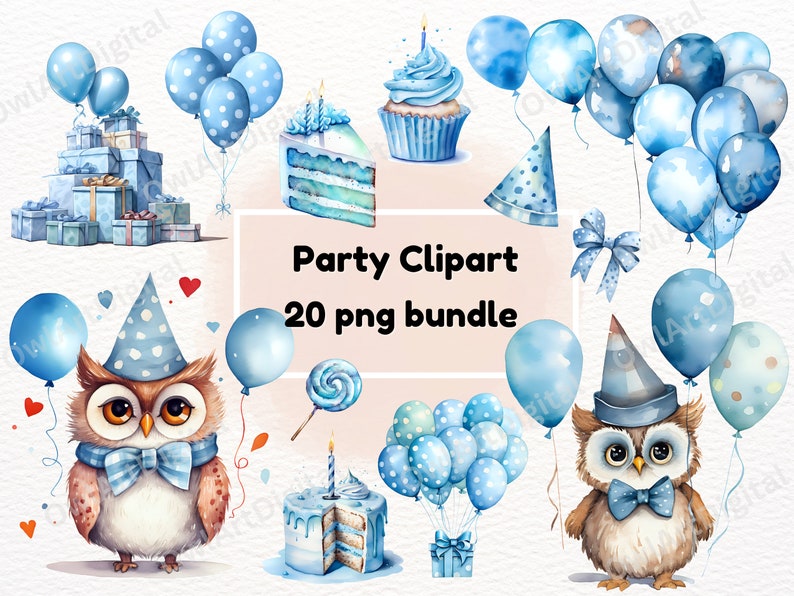 Watercolor Party Clipart Bundle 20 PNG, Blue Balloons, Gifts, Blue ...
