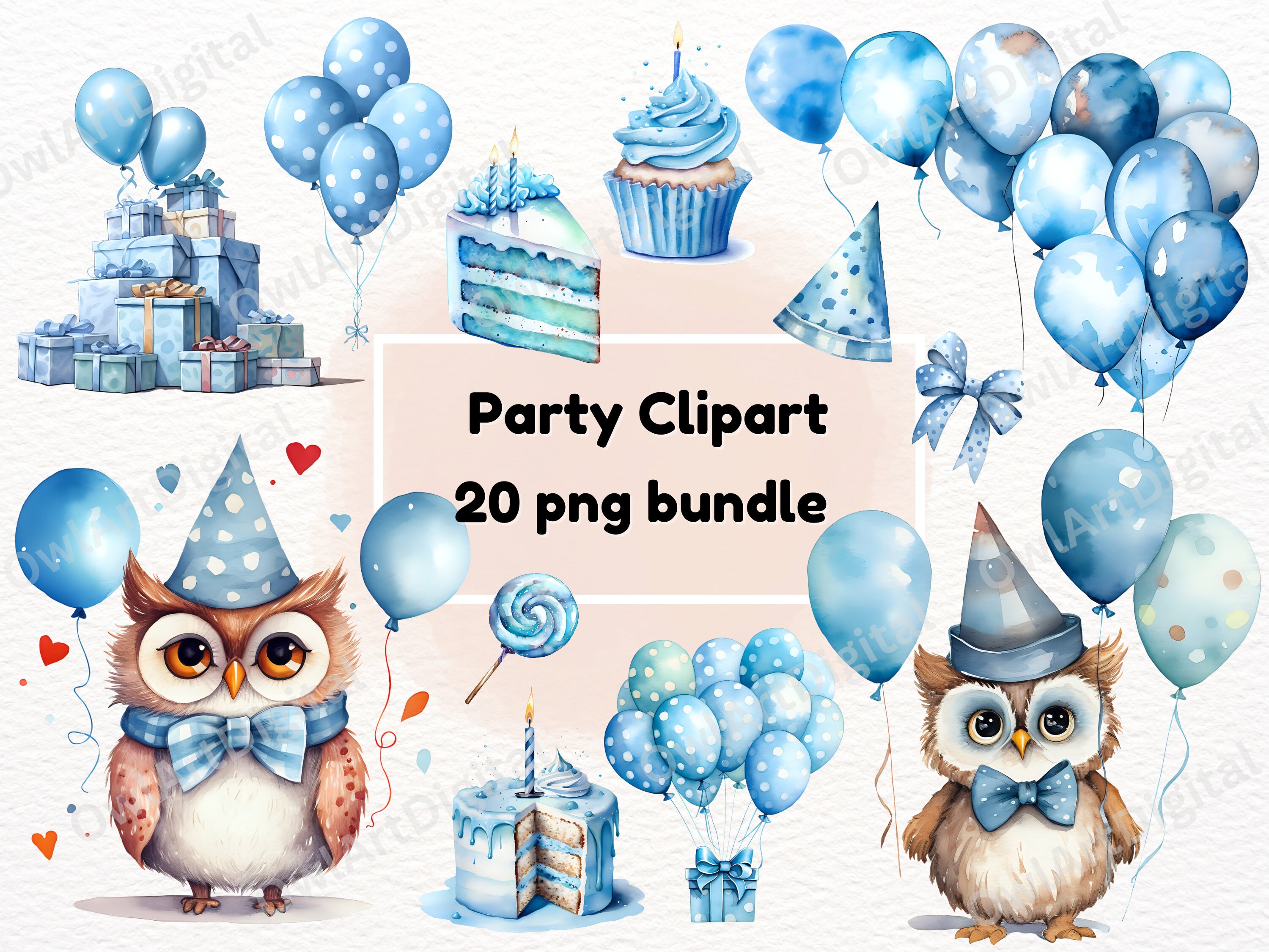Watercolor Party Clipart Bundle 20 PNG, Blue Balloons, Gifts, Blue ...