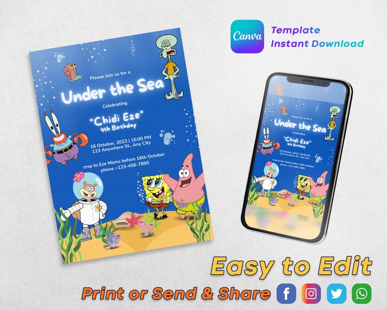 Spongebob Party Invitation, DIY Digital Invitation, Electronic Birthday ...