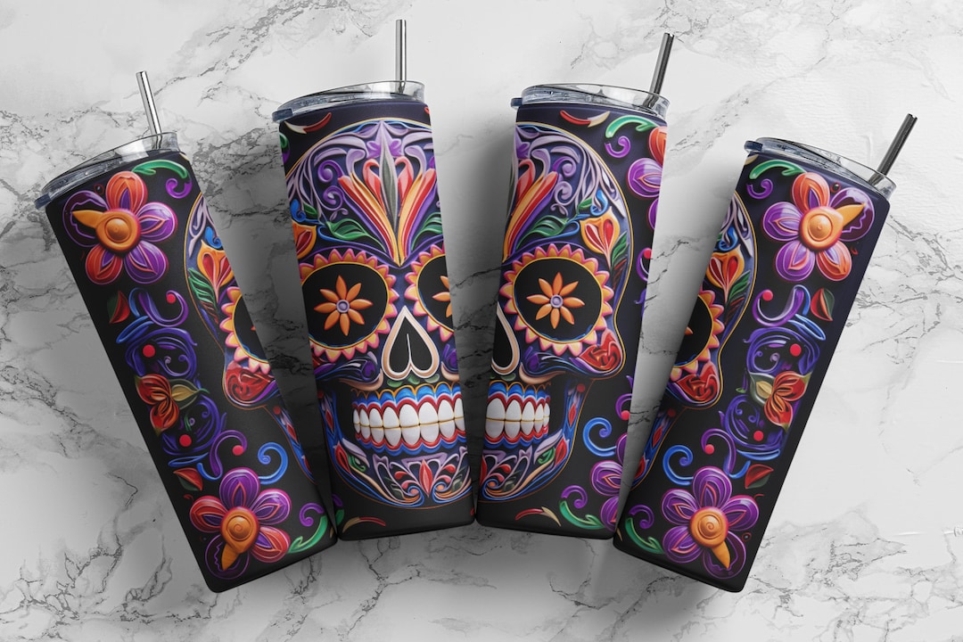 Floral Tile Skullcore Halloween Skull Straight Skinny Tumbler 20oz ...