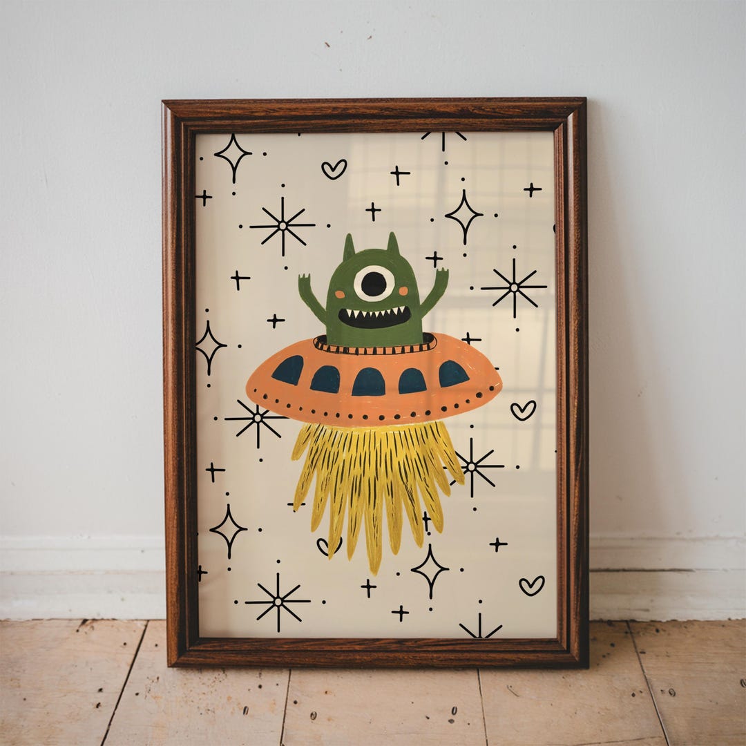 Whimsical Alien Wall Art Space Illustration for Kids Room Playroom ...