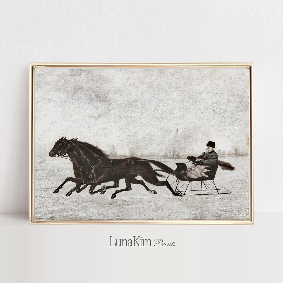 Winter Sleigh Ride Digital Art Print Speeding Horses in Snow Classic ...