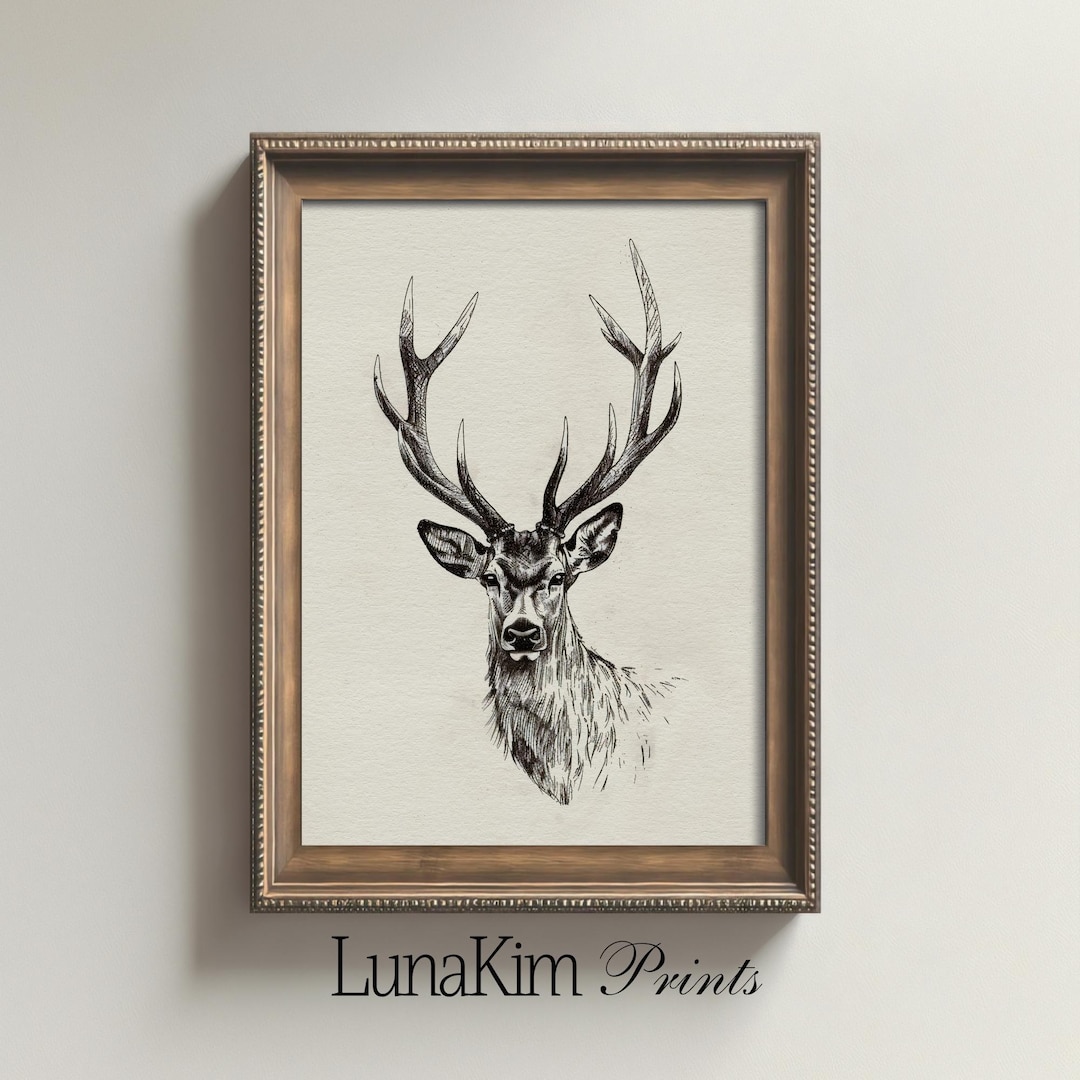 Vintage Deer Drawing Neutral Stag Printable Digital Download Rustic ...