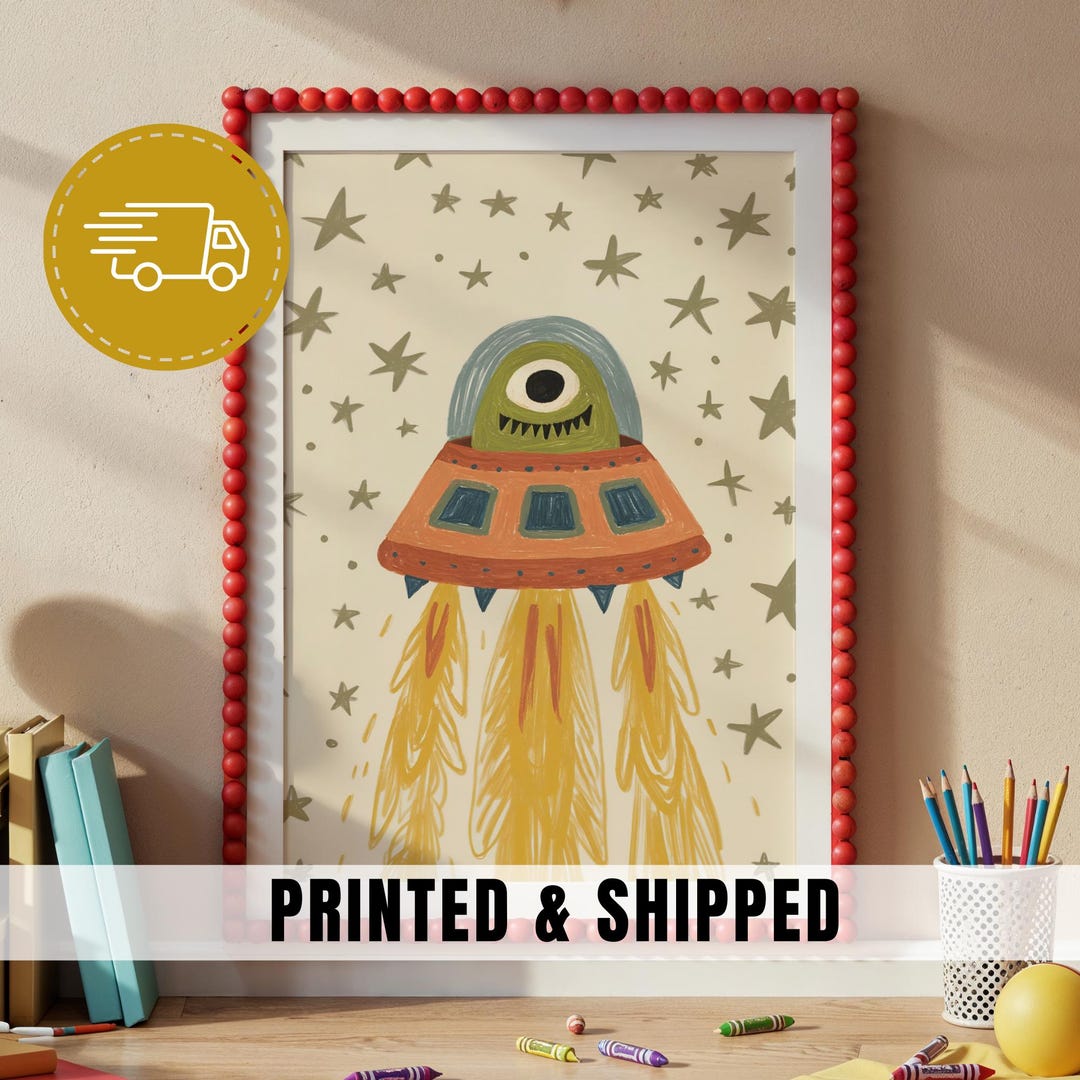 Whimsical Alien UFO Nursery Wall Art Printable Space Illustration for ...