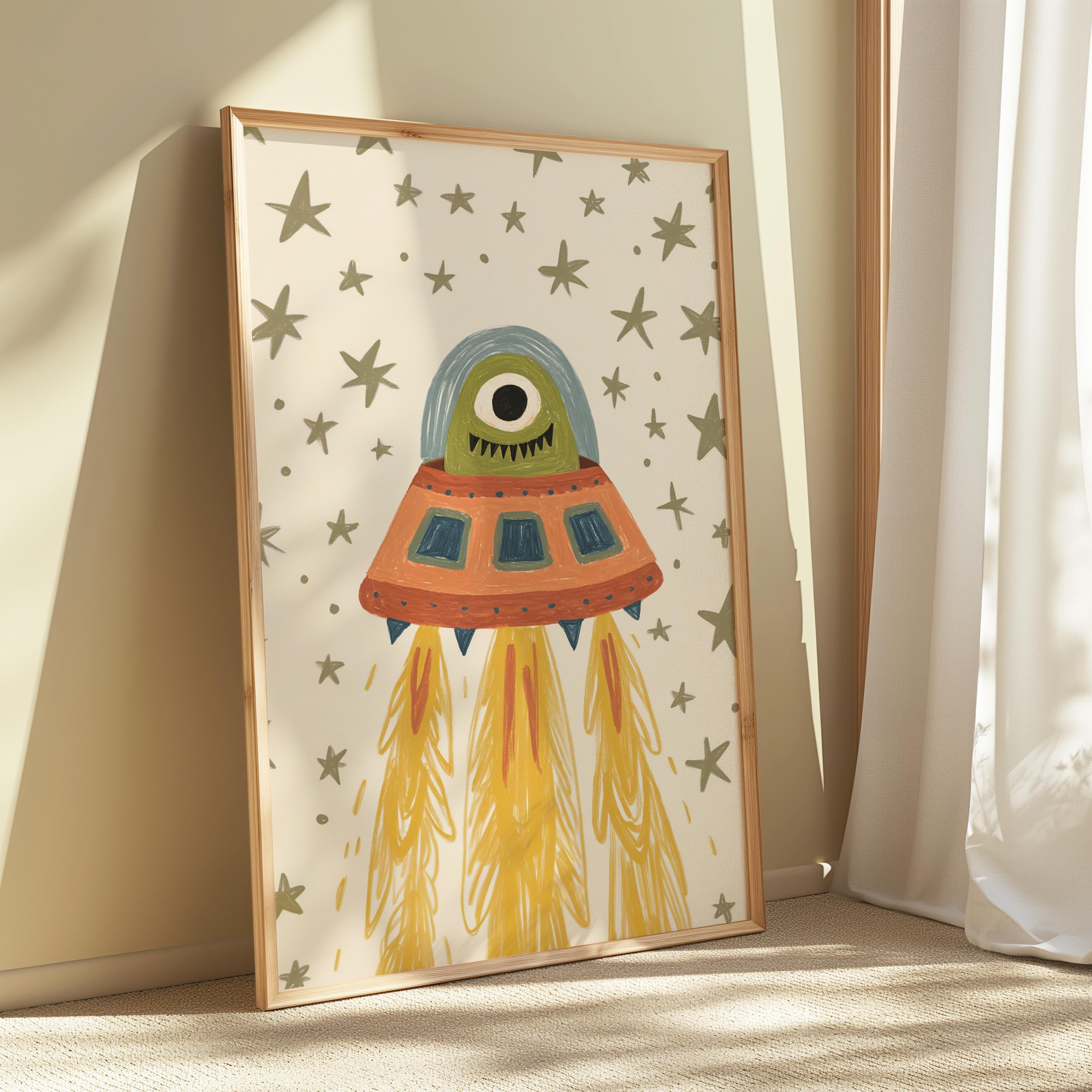 Alien UFO Wall Art for Kids Room Space Illustration Playful Monster ...