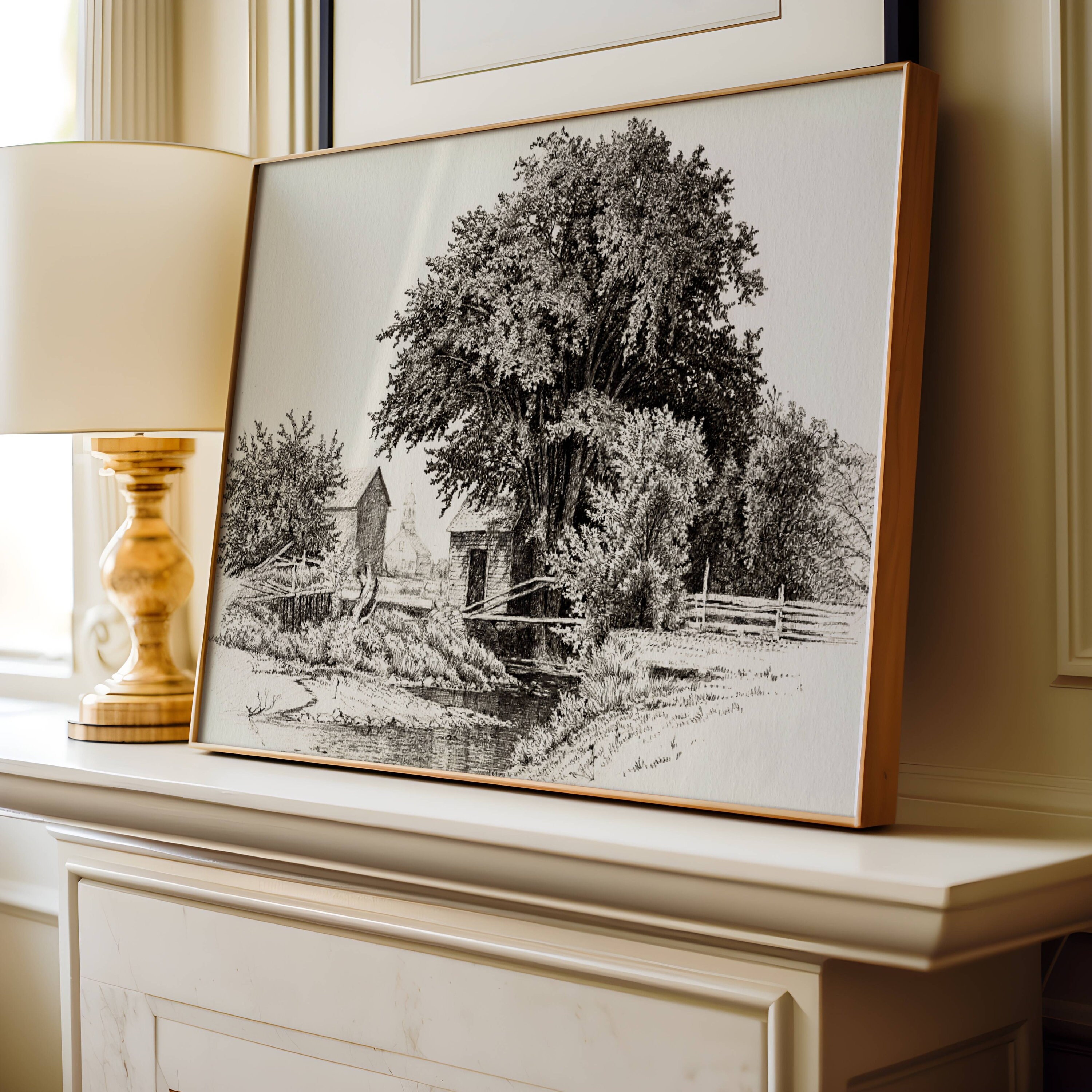 Vintage Farmhouse Drawing Print Rustic Barn Scene Wall Art for Home ...