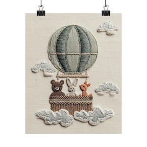 Hot Air Balloon Nursery Print Green Art Animals Kids Room Print Bear ...