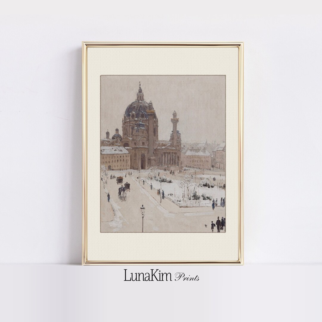 Vintage Cityscape Painting Neutral Beige Winter Town Painting Church ...