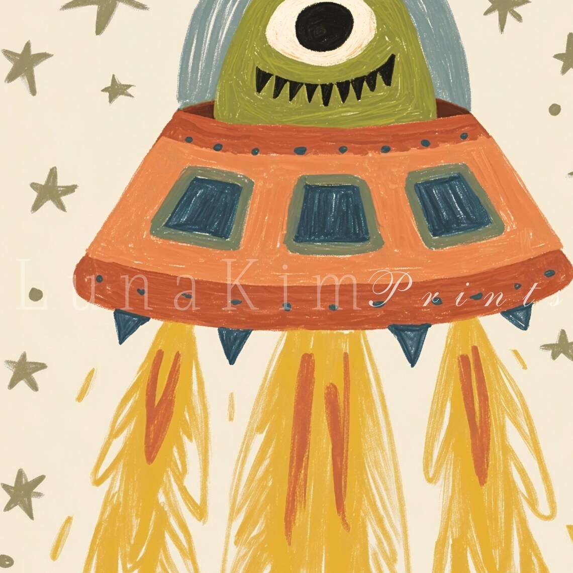 Alien UFO Wall Art for Kids Room Space Illustration Playful Monster ...