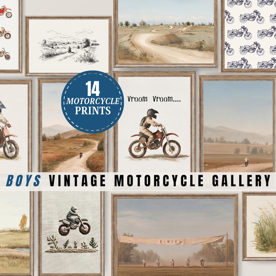 Boys Vintage Motorcycle Wall Art Gallery Set 14 Prints Nursery Decor ...