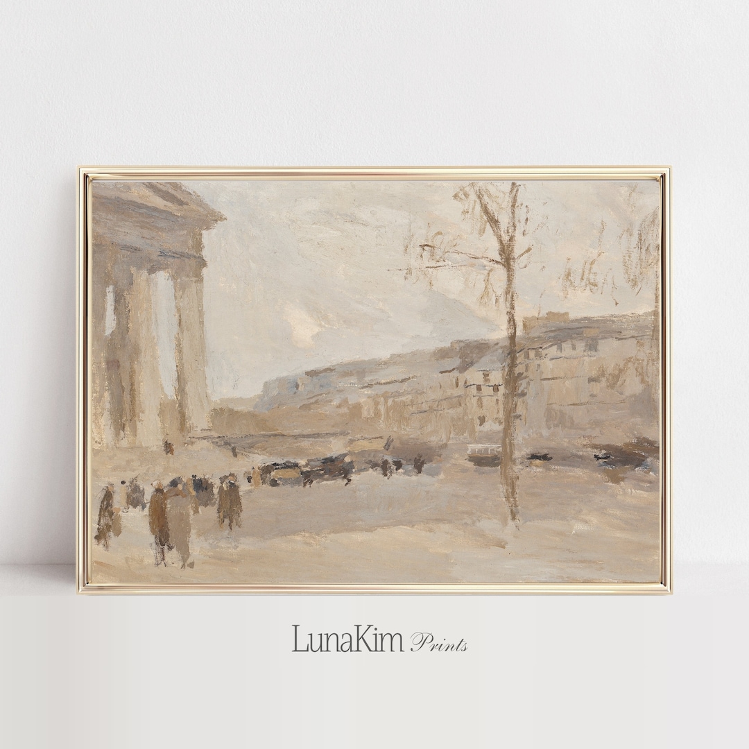 Vintage Cityscape Painting Printable Beige City Town Painting ...