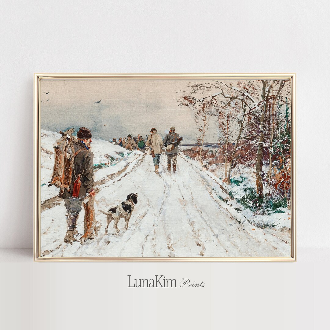 Vintage Winter Hunting Scene Printable Artwork Rustic Men With Dogs in ...