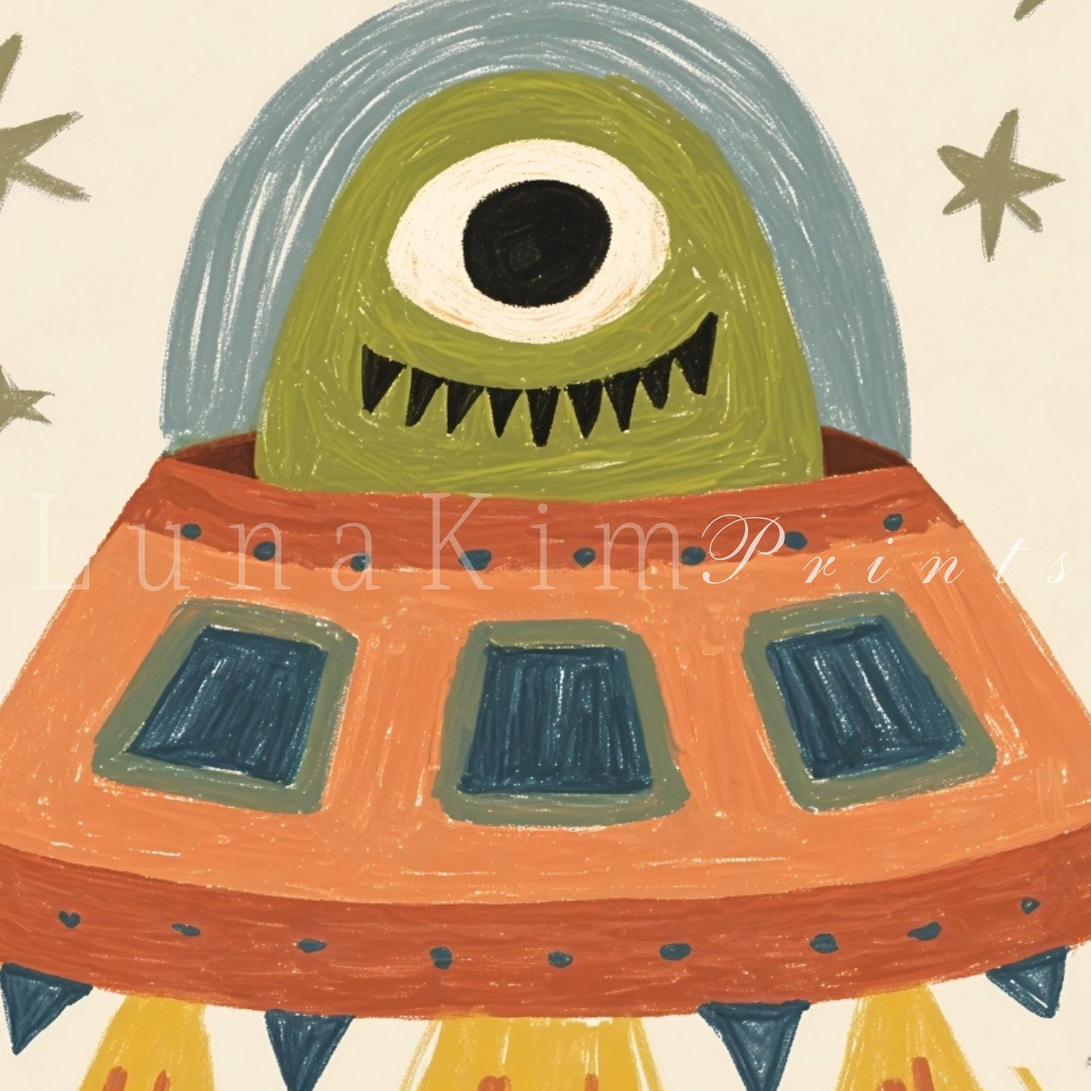 Alien UFO Wall Art for Kids Room Space Illustration Playful Monster ...