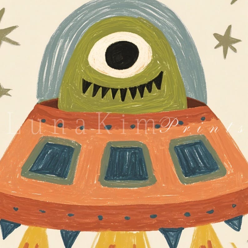 Alien UFO Wall Art for Kids Room Space Illustration Playful Monster ...