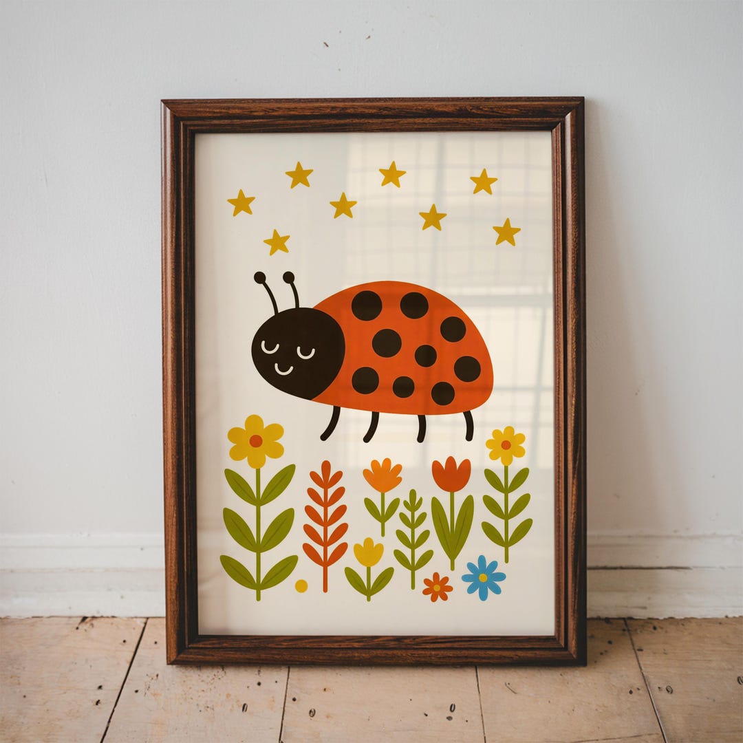 Kids Wall Art Ladybird Print Cute Whimsical Bug and Floral Illustration ...