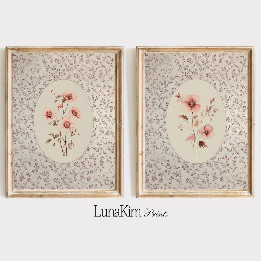 Nursery Gallery Print Set of Two Vintage Pink Floral Pattern Drawings ...