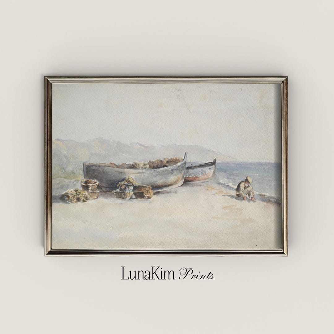 Vintage PRINTABLE Beach Scene Art Rustic Coastal Boats Artwork Neutral ...