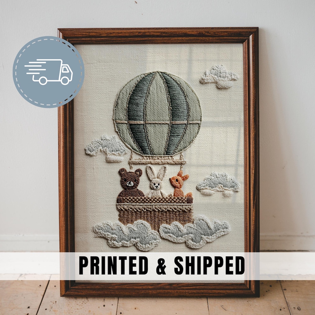 Hot Air Balloon Nursery Print Green Art Animals Kids Room Print Bear ...
