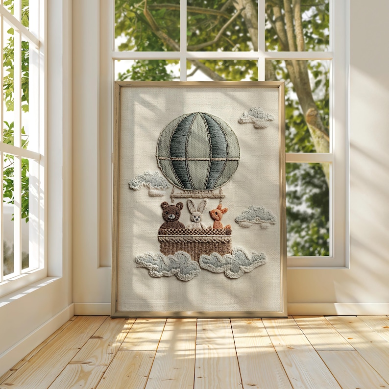 Hot Air Balloon Nursery Print Green Art Animals Kids Room Print Bear ...