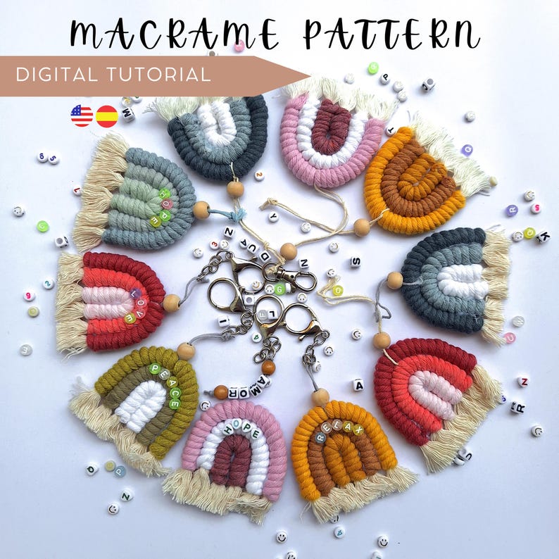 Rainbow Macrame Keychain, PDF Instant Digital Dowload, DIY Rainbow Pattern, Macrame for ...