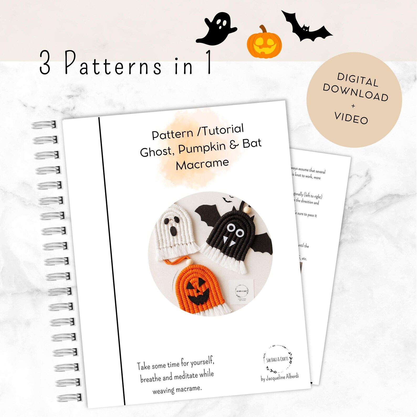 Macrame Halloween Pattern: Pumpkin, Ghost & Bat, Beginner DIY Download ...