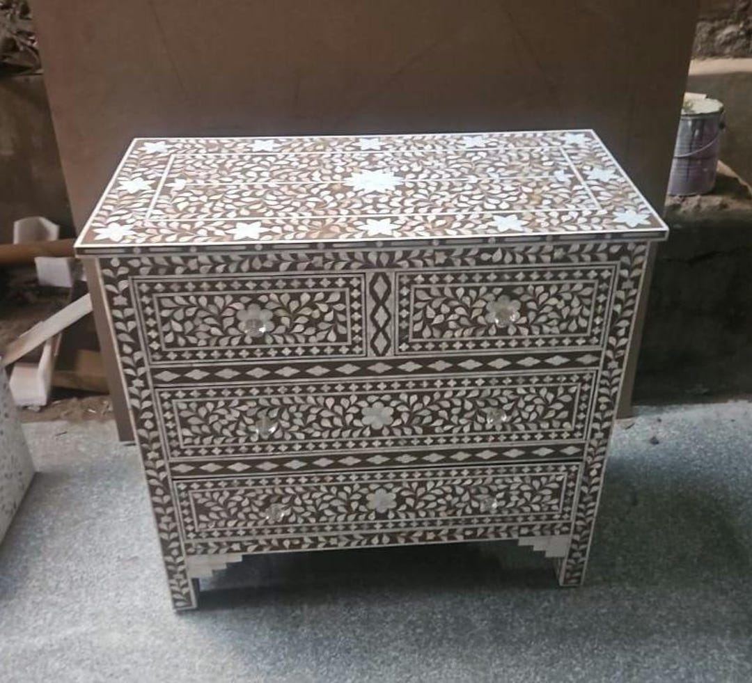 Brown Mother of Pearl Inlay Chest of Drawer, MOP Inlay Dresser, MOP ...