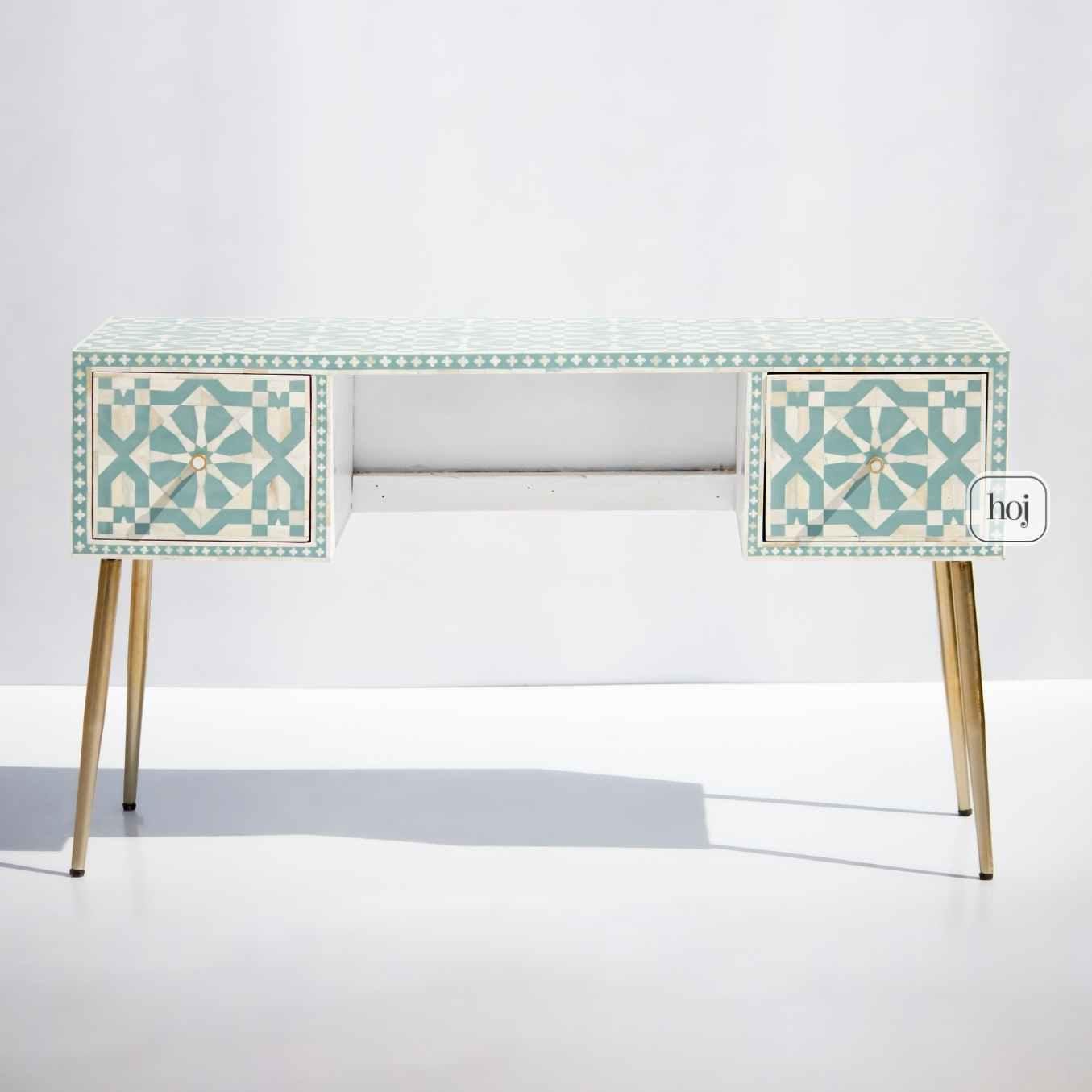 Mint Green and Ivory Geometric Bone Inlay Desk, Moroccan Tile Pattern ...