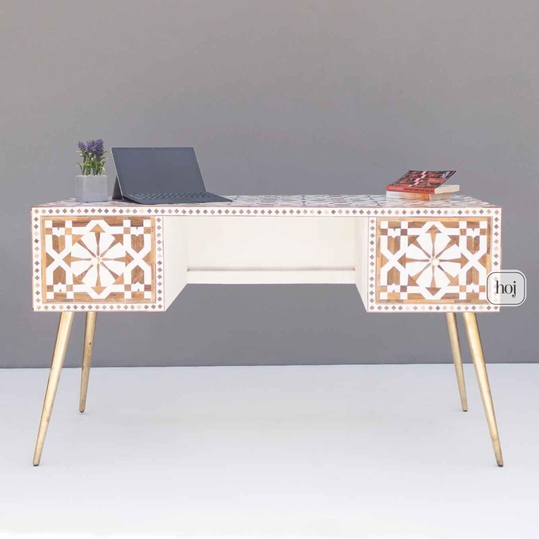 Teakwood Inlay Work Desk, Handcrafted Geometric Pattern Inlay Desk ...