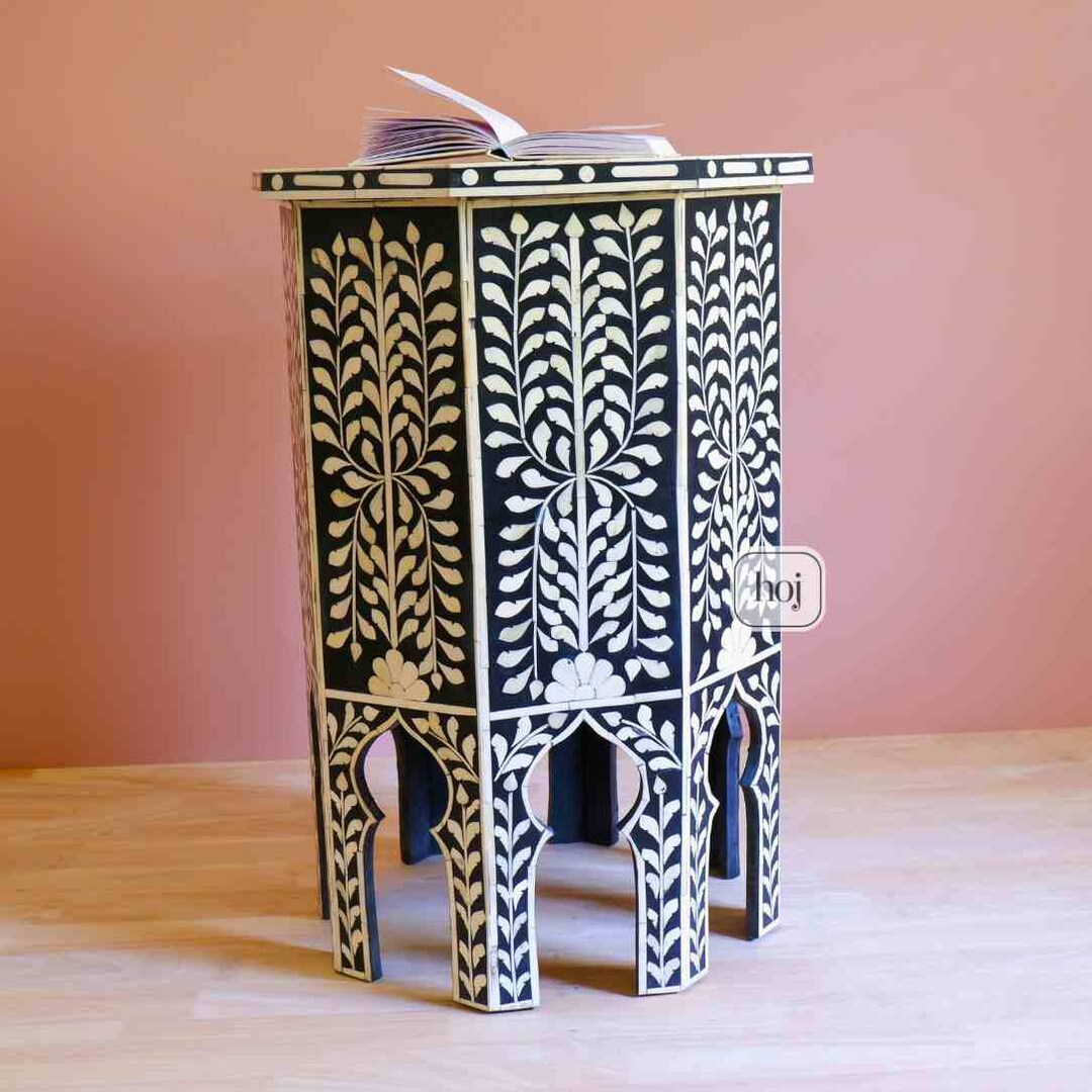 Black Floral Bone Inlay End Table, Floral End Table, Handcrafted ...