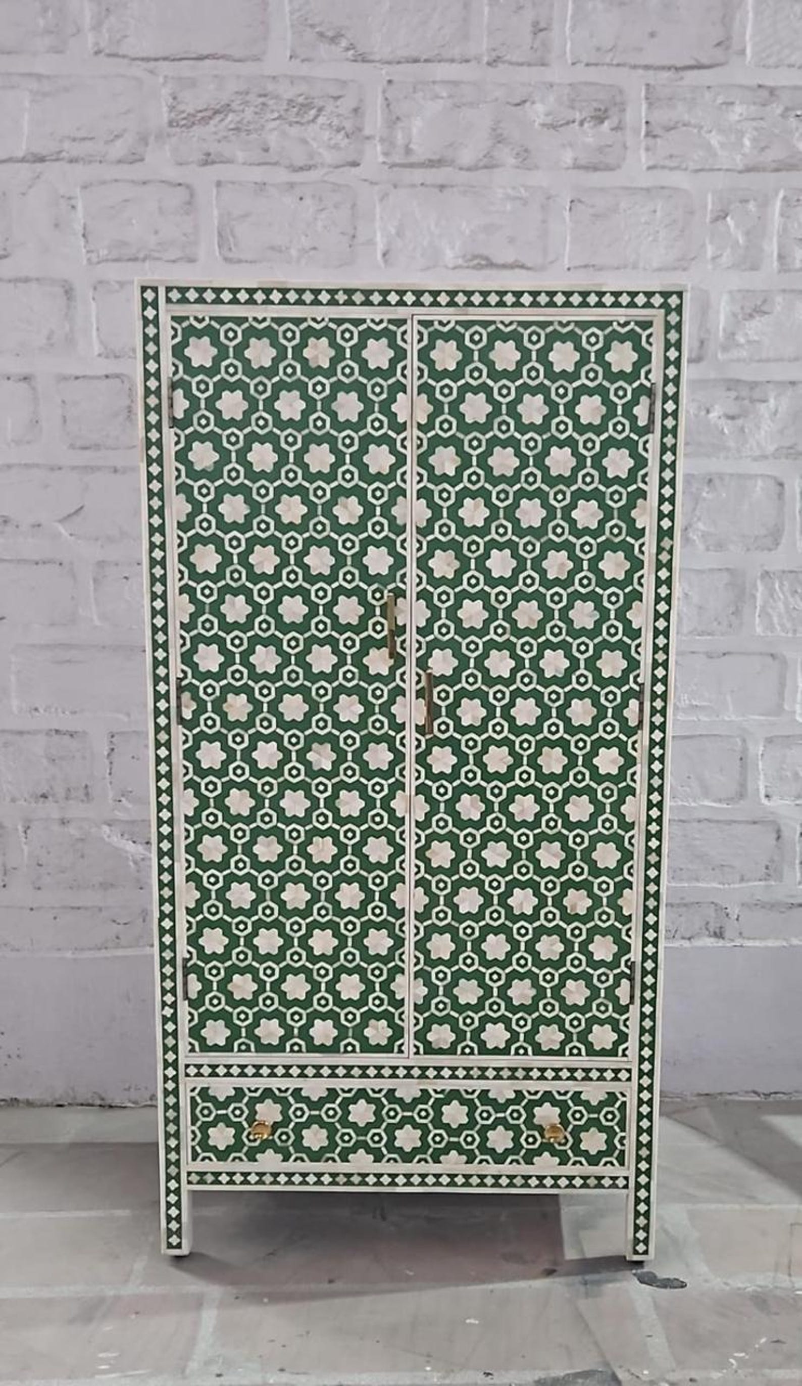 Bone Inlay Bohemian Floral Green Armoire, Bone Inlay Cupboard, Bone ...