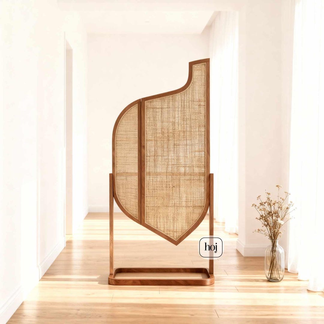 Curved Solidwood and Cane Room Divider, Modern Japandi Privacy Screen ...