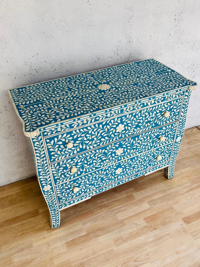 Blue Bone Inlay Chest of Drawer, Bone Inlay Drawer Dresser, Bone Inlay ...