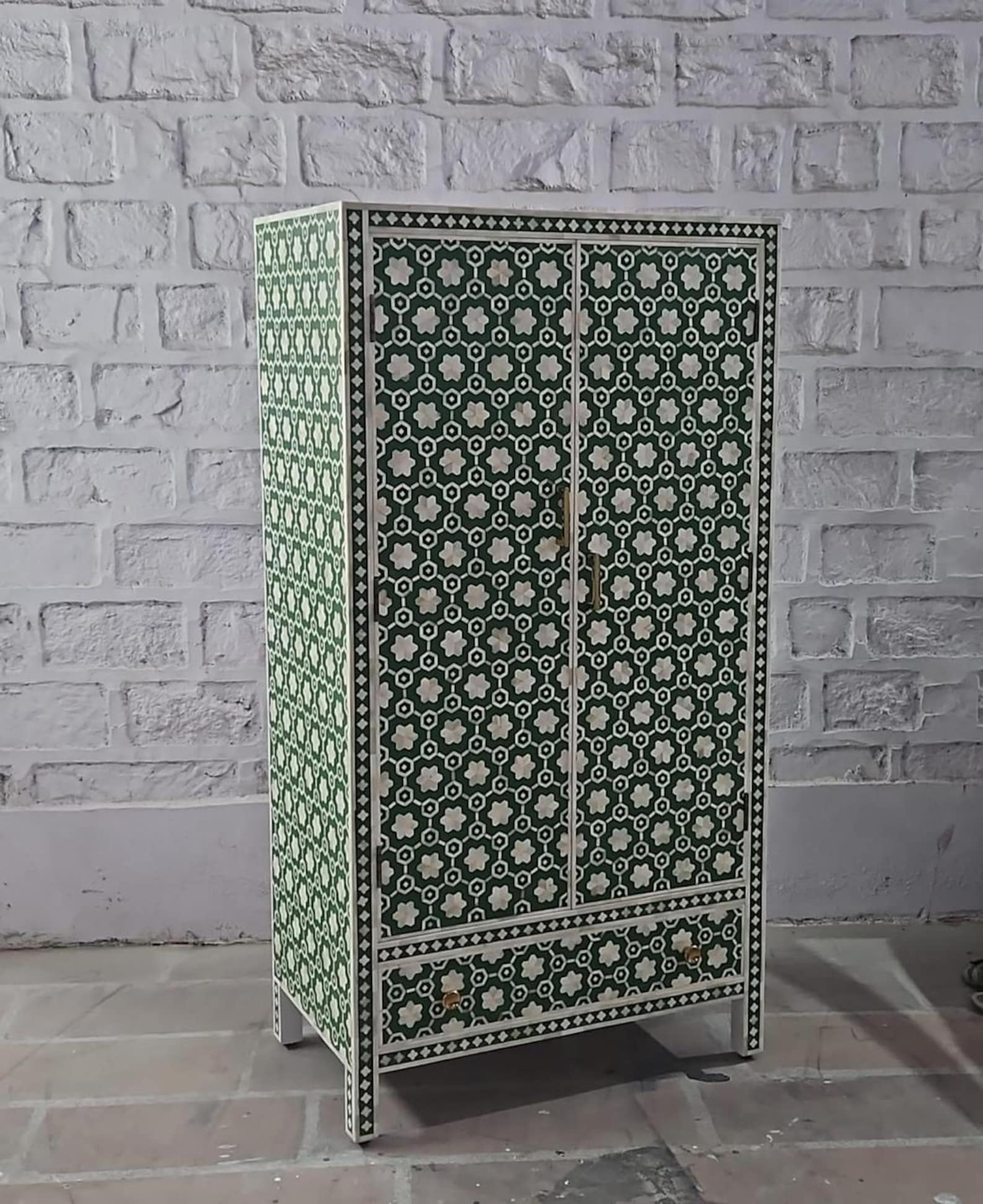 Bone Inlay Bohemian Floral Green Armoire, Bone Inlay Cupboard, Bone ...