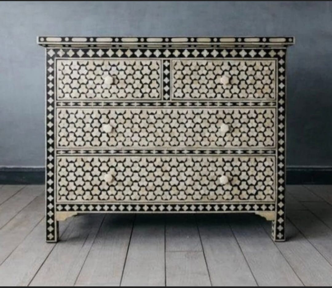 Bone Inlay Targua Chest of 4 Drawers in Black, Bone Inlay Furniture ...