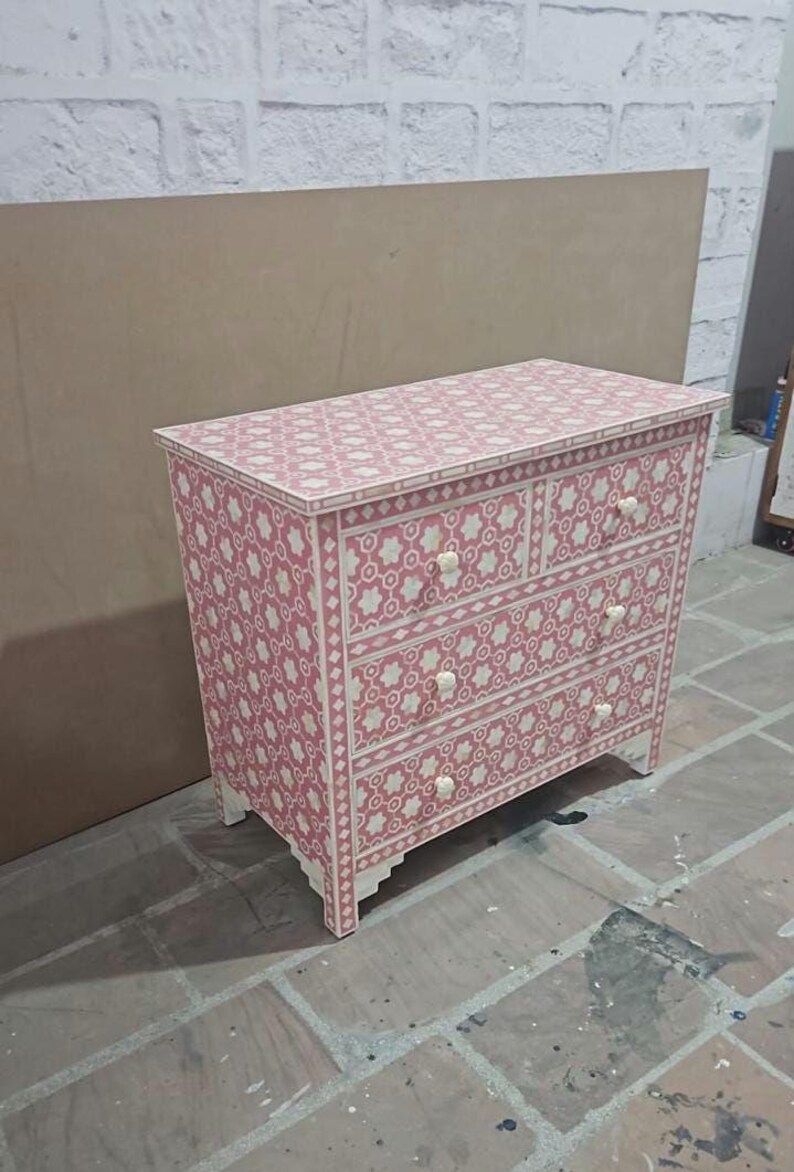 Pink Bone Inlay Chest of Drawer, Bone Inlay Drawer Dresser, Bone Inlay ...