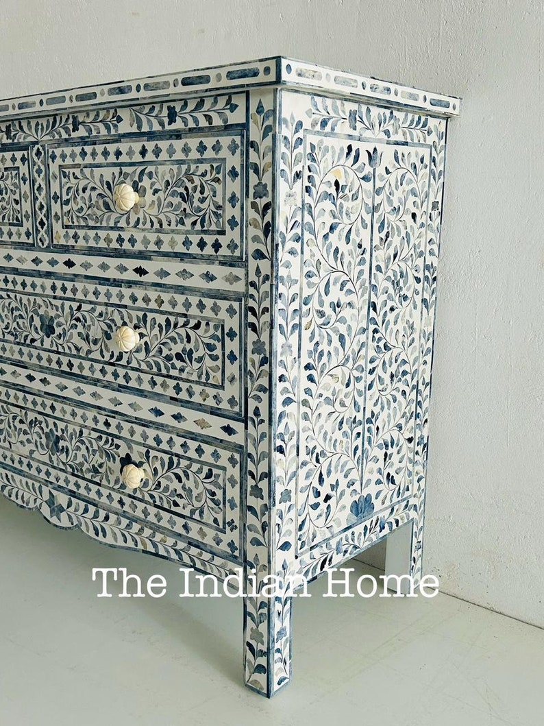 Blue Dyed Bone Inlay Chest of Drawers, Bone Inlay Four Drawer Dresser ...