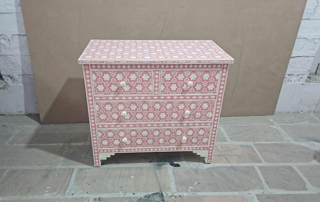 Pink Bone Inlay Chest of Drawer, Bone Inlay Drawer Dresser, Bone Inlay ...
