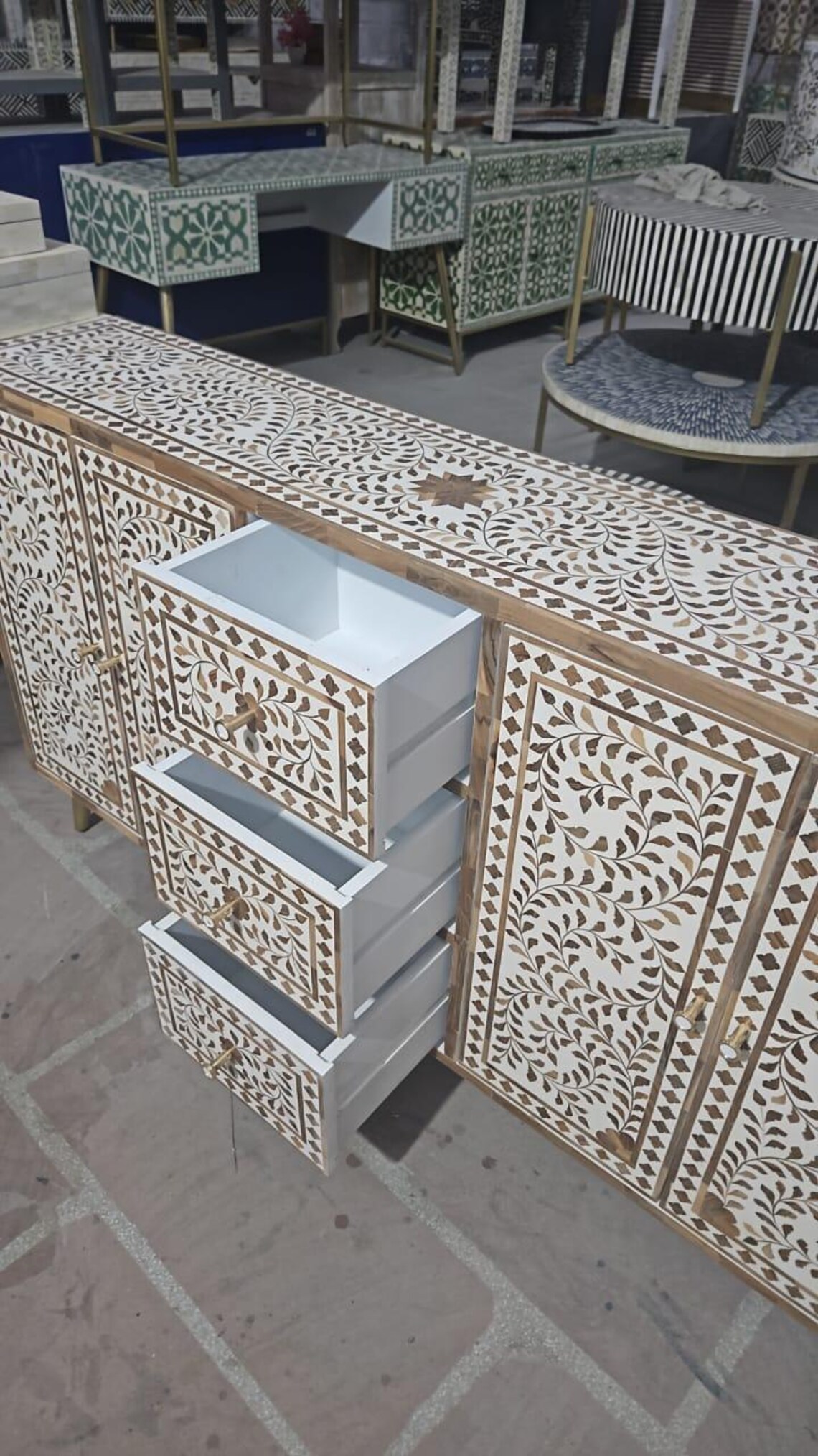 Teak Wood Inlay Vines Dresser, Wood Inlay Dresser, Wood Inlay Sideboard ...