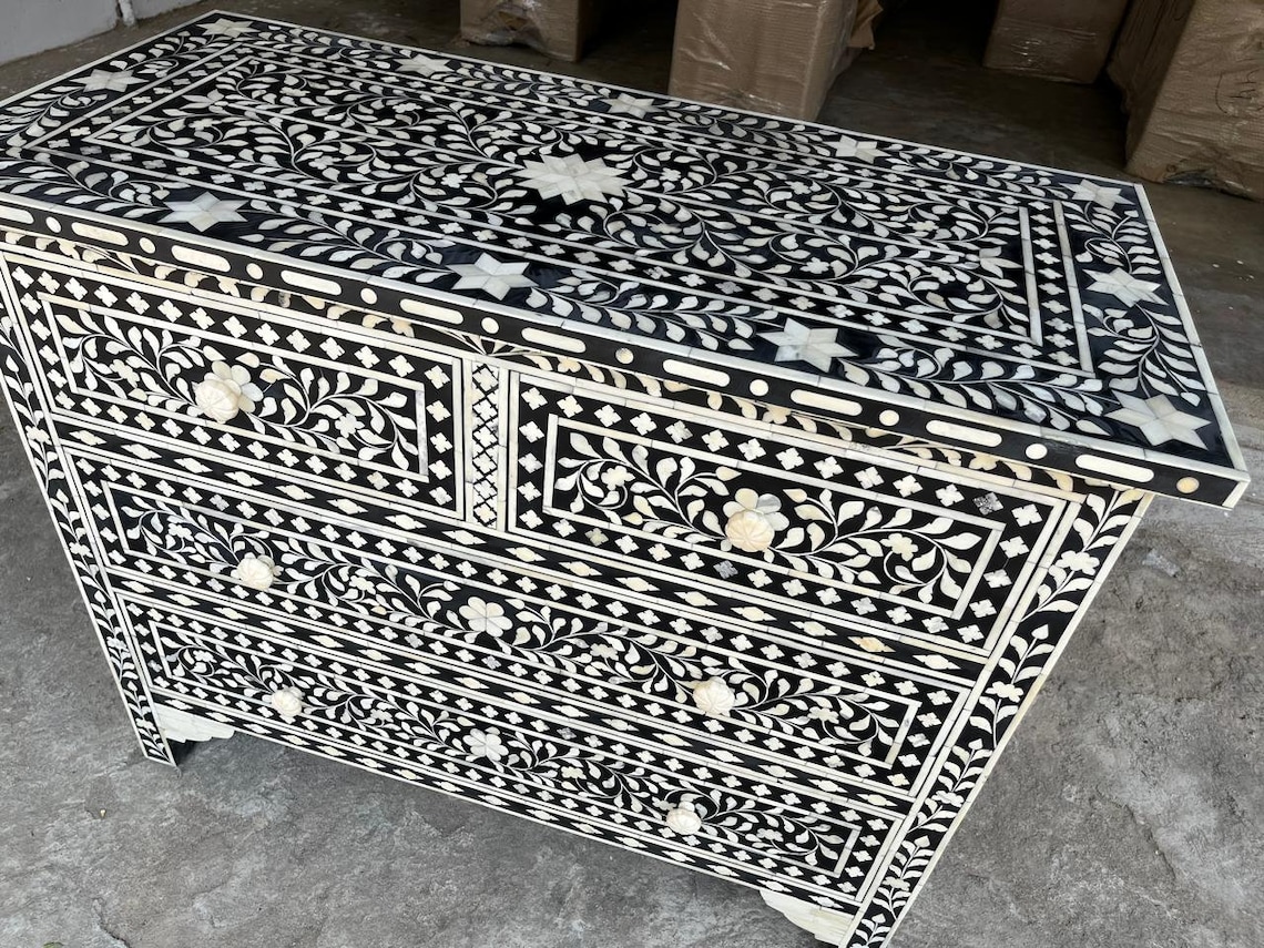Bone Inlay Chest of Drawer, Bone Inlay Four Drawer Dresser Black Bone ...