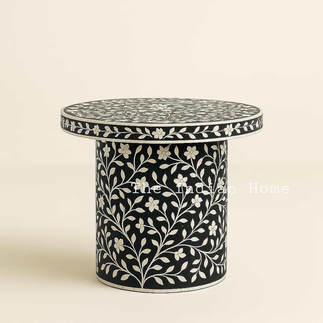 Floral Bone Inlay End Table, End Table, Side Table, Bone Inlay ...