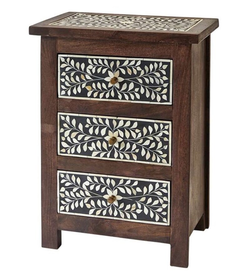 Solidwood Bone Inlay Side Table With Three Drawers, Bedside Table, Bone ...